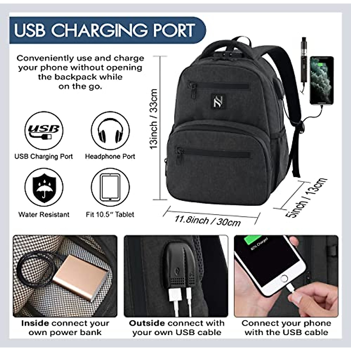 INNOSCENT Mini Smell Proof Backpack With Lock For Men/Women USB & Headphone Port (Dark Grey)