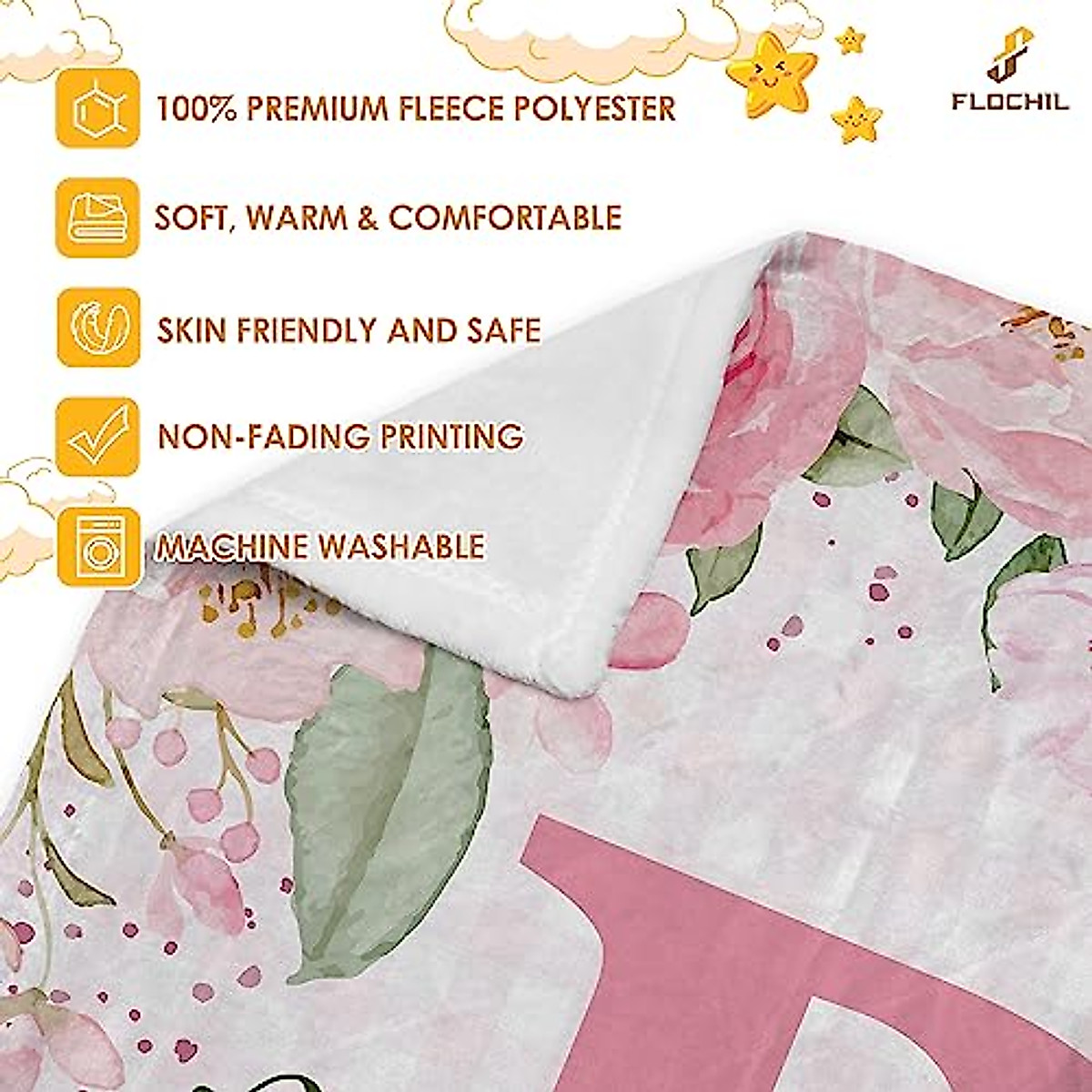 FLOCHIL Personalized Baby Blankets, Custom Baby Blanket - Baby Blanket with Name for Girls, Best Gift for Baby, Newborn Floral Plush Fleece (30x40)