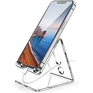 FUCDTEF Acrylic Cell Phone Stand for Desk, Clear Cell Phone Holder, Desktop Mobile Stand Compatible with iPhone 12 13 14 Pro Max, Samsung Galaxy
