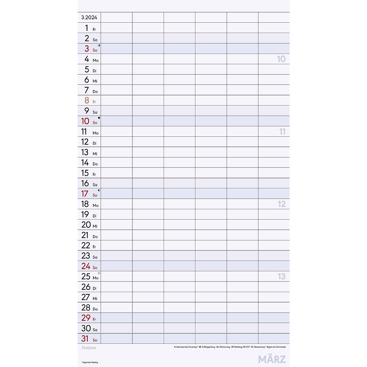 Family Planner XL 2024 with 6 Columns - Family Timer 26 x 45 cm - Offset Paper - with Holiday Dates - Wall Planner - Family Calendar - Alpha Edition