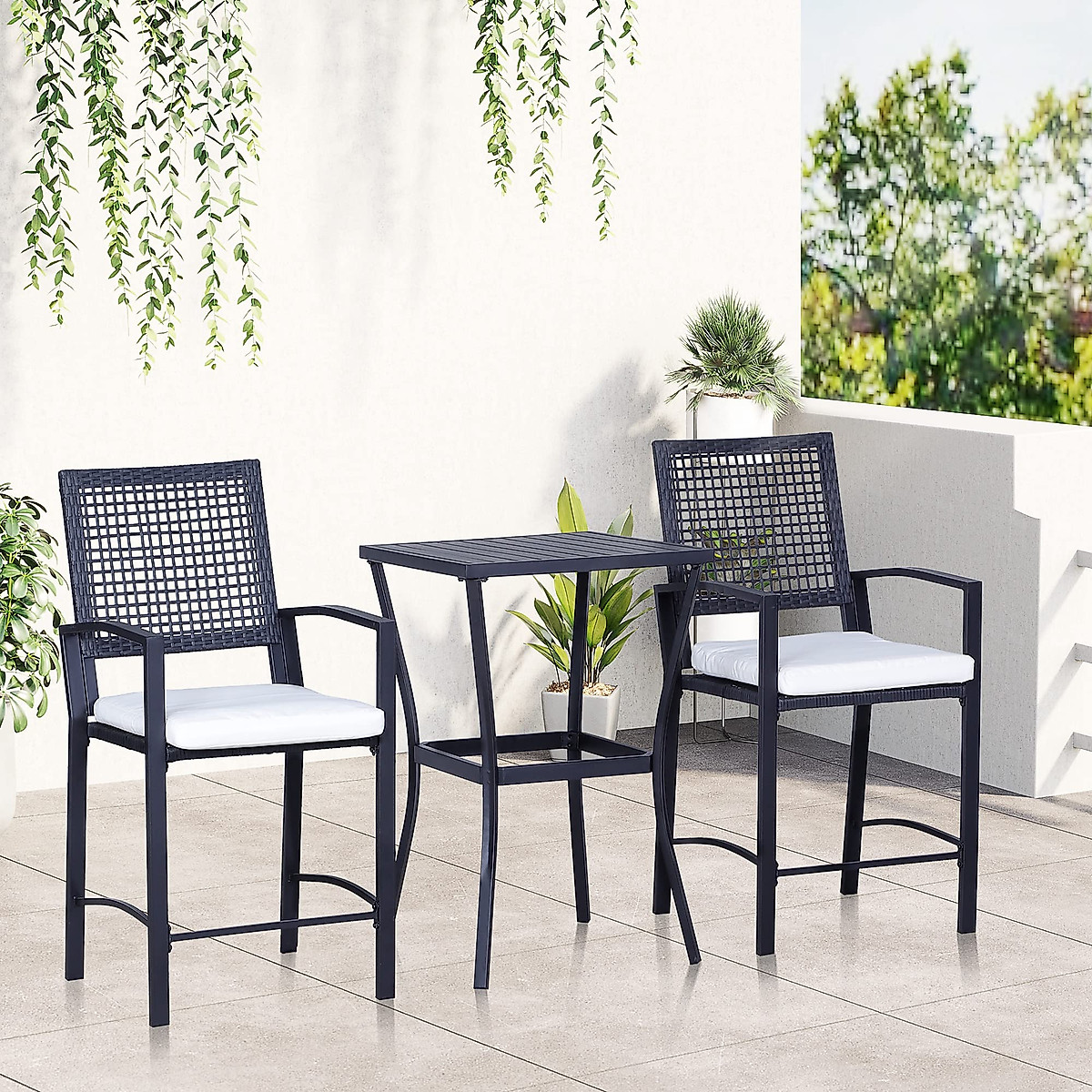Outsunny 3pcs Patio Bar Set with Soft Cushion, Rattan Wicker Outdoor Furniture Set for Backyards, Lawn, Deck, Poolside