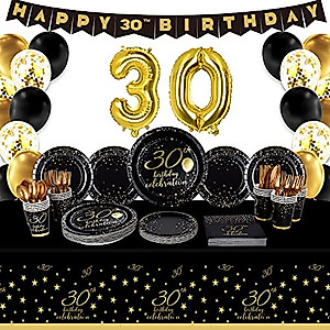 Gatherfun 30th Birthday Party Supplies Disposable Paper Plates Napkins Cups Knives Spoons Forks Tablecloth Banner Number 30 Balloons for Men Woman Black and Gold 30 Birthday Party Decorations Serve 25