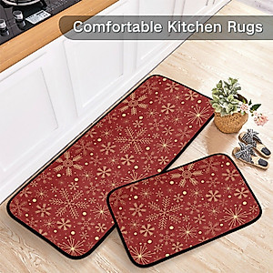 Pfrewn Red Golden Snowflakes Kitchen Rug and Mat Set of 2 Anti Fatigue Non Slip Washable Winter Christmas Glitter Snow Runner Rugs Floor Mats for X-mas Holiday Kitchen Laundry Room Home Decor