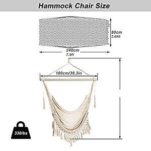 Hammock Chair，Max 330lbs, Large Hanging Chair, Soft Cotton Rope Swing Chair with High Load-Bearing Metal Rod,Indoor Outdoor Garden Yard Living Room Use