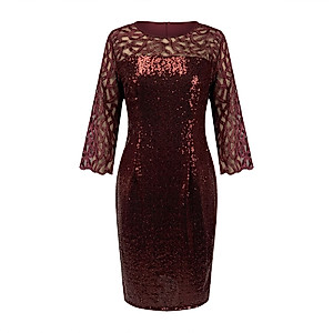 SHENYANGWA Plus Size Summer Dresses Sexy Hollow Out Long Sleeve Mesh See Through Sequin Midi Dress Casual Party Short Dress Red, 3X-Large