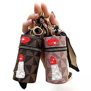 Portable Lipstick Case, 2Pcs Luxury Leather Lipstick Organizer, Mini Travel Zipper Keychain Lipstick Storage Pouche for Purse Bag, Lip Gloss Organizer for Lip Balm (Classic, Pink)