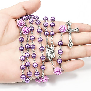 Nazareth Store Catholic Purple Pearl Beads Rosary Necklace Our Rose Lourdes Medal & Cross NS