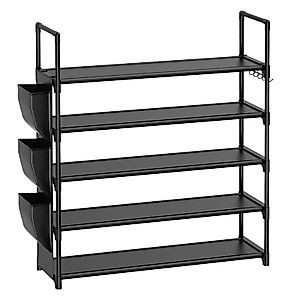 VILICK 5 Tier Shoe Rack with Hook and Side Pocket,Shoe Organizer Space Saver Storage for 20-25 Pair Shoe Storage Shelf Sturdy Free Standing Long Shoe Rack Organizer for Closet,Entryway,Small Spaces