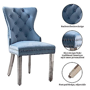Restworld Velvet Dining Chairs Set of 2,Upholstered Tufted Back Nail Trim Accent Chair with Stainless Steel Legs,Blue