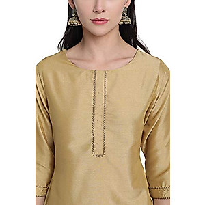 Janasya Gold Gota Patti Poly Silk Straight Kurta Set With Dupatta