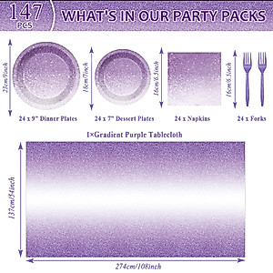 147Pcs Ombre Purple Party Decors Gradient Pastel Purple Plates Tableware Set Party Supplies Light Purple Balloons Banner Tinsel Foil Fringe Curtains Kit for Girls Women Birthday Wedding Party Favor