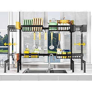 ARSTPEOE Four Baskets (one More Than Others) Over The Sink Dish Drying Rack,fits All Sinks (from 24.8" to 35.4"),2-Tier Adjustable Sink Rack,Dishes Rack Kitchen Storage Organizer Space