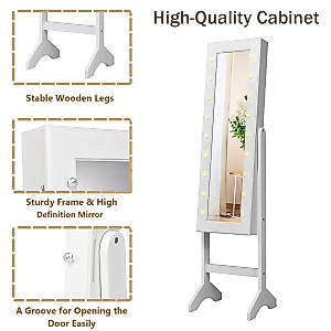 Giantex Standing Jewelry Armoire with 18 LED Lights Around the Door, Large Storage Mirrored Jewelry Cabinet with Full Length Mirror, 16 Lipstick Holders, 1 Inside Makeup Mirror (White)