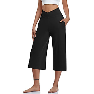TARSE Womens Casual Wide Leg Yoga Capris Plus Size Crossover High Waist Capri Pants Loose Soft Pajama Pockets Sweatpants(Black,XXL 2XL)