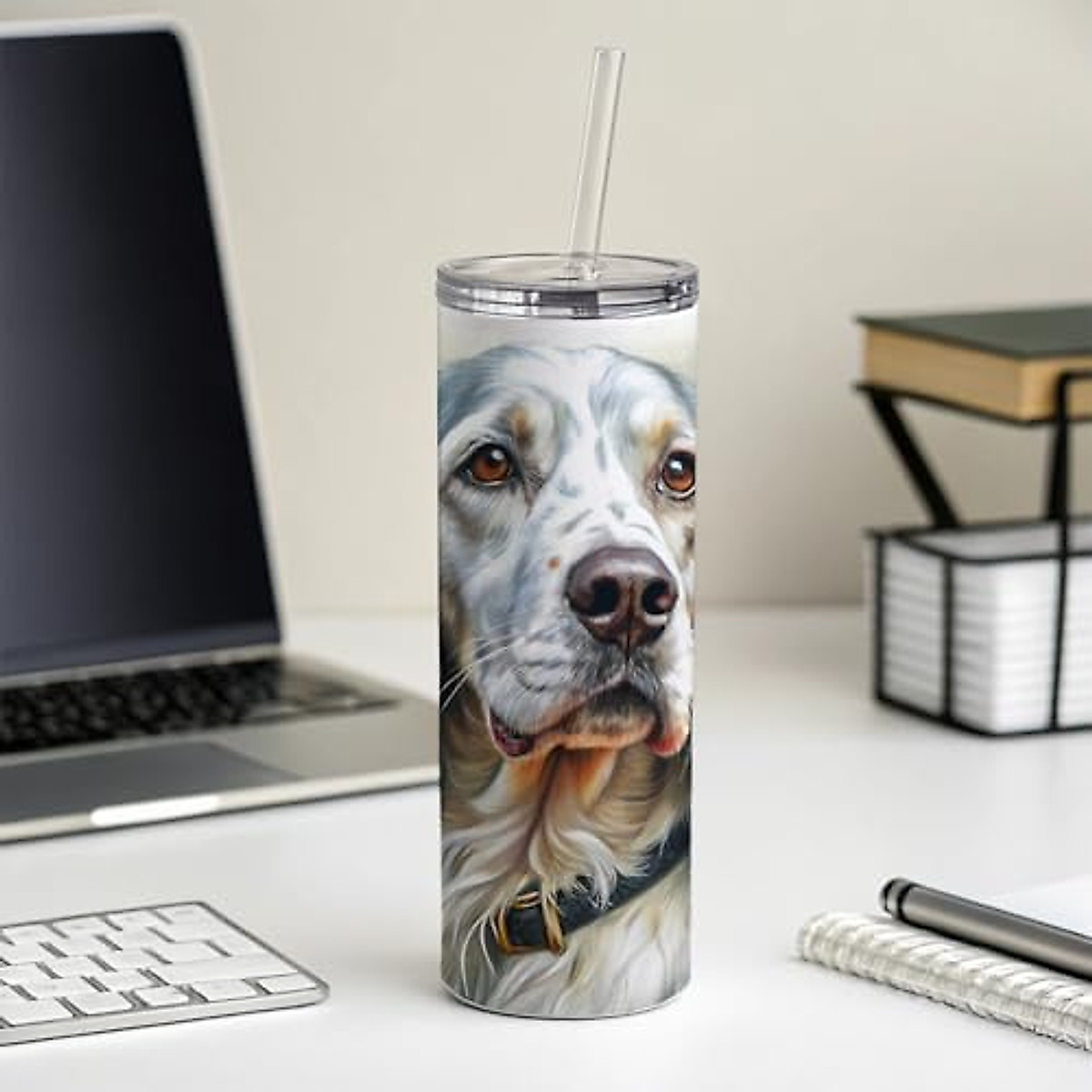 English Setter Dog Illustration Skinny Tumbler 20oz with Straw Insulated Water Bottle Gift