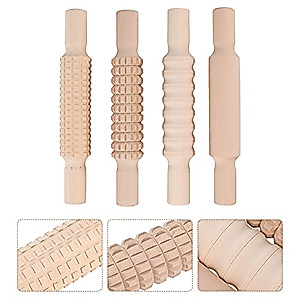 NUOBESTY 4pcs Wooden Mini Rolling Pin Embossed Rolling Stick Dough Molding Shaping Tool for Toddler Kids Art Craft Activity Supplies
