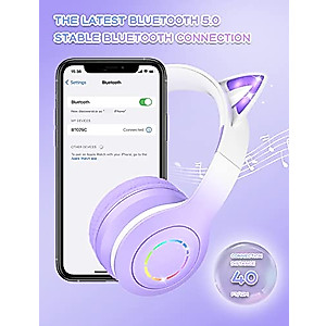 VuyKoo Bluetooth Headphones with Microphone/RGB LED Light Up, Cat Ear Wireless Headphones, Stereo Gaming Headset for Cellphone/PC/Laptop/Tablet/TV Kids Girls & Boys Teens/Birthday Gift (Purple)