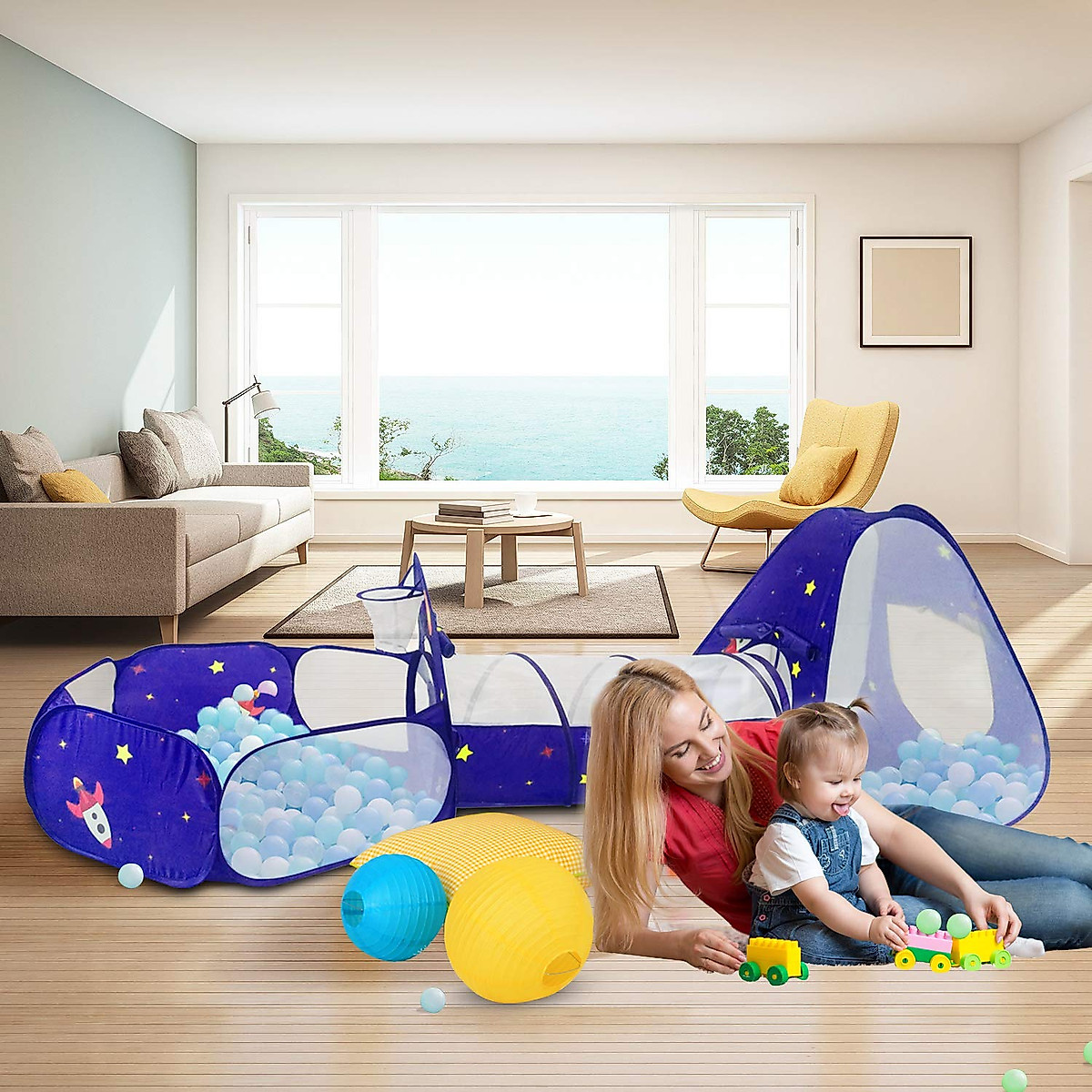 Homfu 3 in 1 Pop up Kids Play Tent with Tunnel Ocean Ball Pit Pool with Basket Hoop for Toddler Boys Girls to Play and Craw Indoor&Outdoor As Birthday Gift