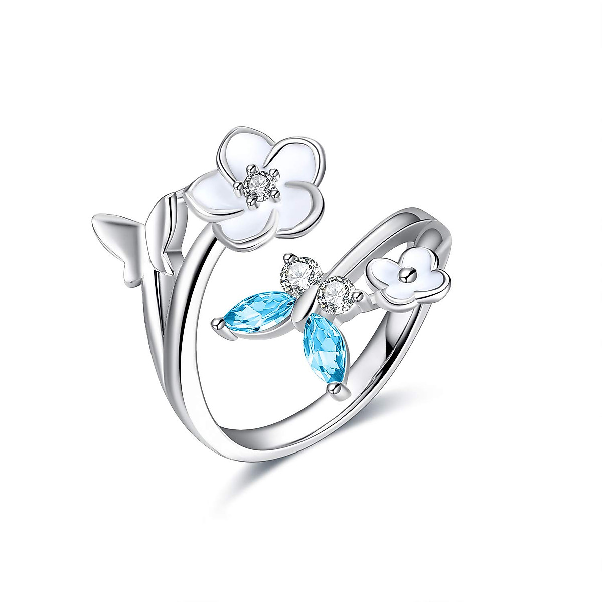 Sterling Silver Butterfly Rings Cubic Zirconia Flower Adjuastable Band Jewelry for Women Girls (Light Blue- Aquamarine)
