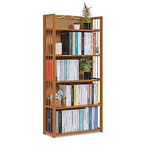 MoNiBloom Bamboo Bookcase with Decorative Carvings, Bamboo 5-Tier Adjustable Book Shelf Stand Storage Organizer for Living Room Kitchen Office Garden, Natural