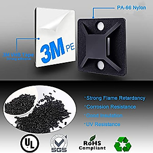 4/5" Zip Tie Mounts with 7.8" Cable Ties and 304 Stainless Steel Screws, Back Self-Adhesive Clips for Wire and Cord Management, Black Squares Cable Wall Anchors, Zip Tie Holders Indoor Or Outdoor
