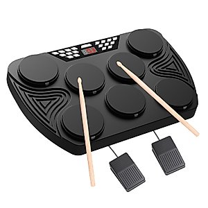 KONIX Electronic Drum Set, Tabletop Electric Drum Kit, 7 Pad Portable Digital Drum Pad Machine with Digital Panel, Built-in Speakers, PC Connection Support, Ideal Gift for Teens and Adult Beginners