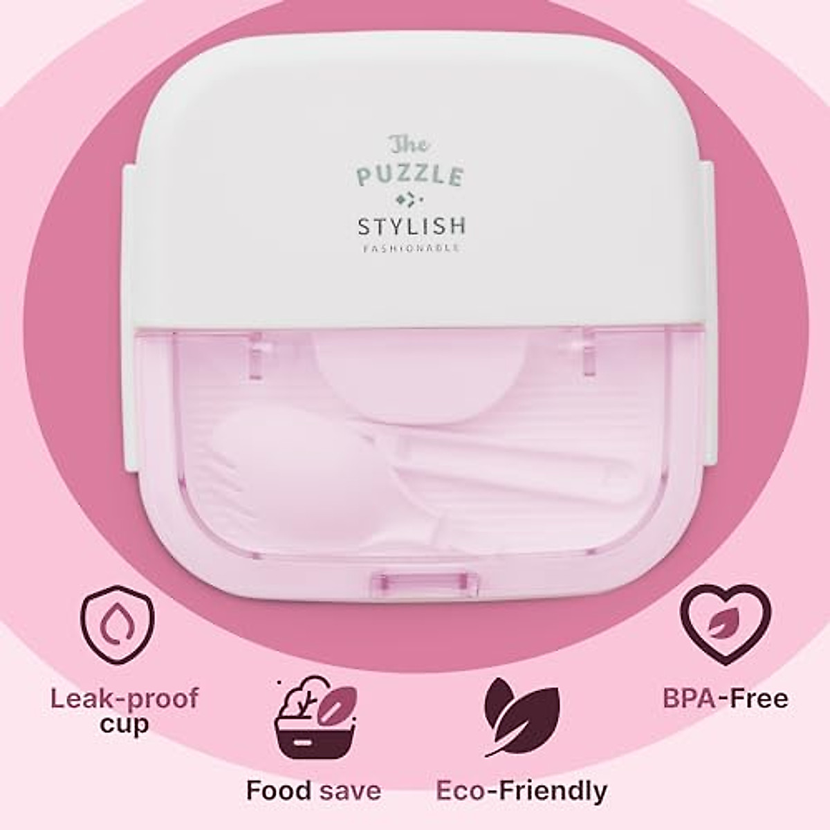 Earth&ME Bento Lunch Box For Adults Kids, 1100 Ml Bento Box Container With 2 Floors 3 Compartments, Leak-proof Sauce Container, Spork, Ideal Salad Container For Lunch For School, Office, Travel, Pink