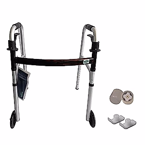 HEALTHLINE 2 Wheel Walker for Seniors & Adults - Deluxe Lightweight Foldable Walker with Wheels 5" up to 350 lbs and Free 2 Pair of Rear Glides & Triggers (Red)