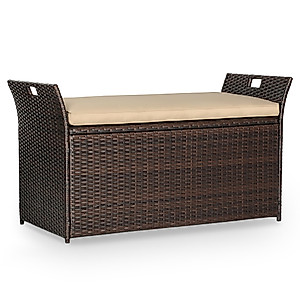 CrownLand 80 Gallon Outdoor Storage Bench with Cushion, Outdoor Wicker Storage Box, Patio Deck Box with Seat, for Garden, Balcony, Poolside (Brown)