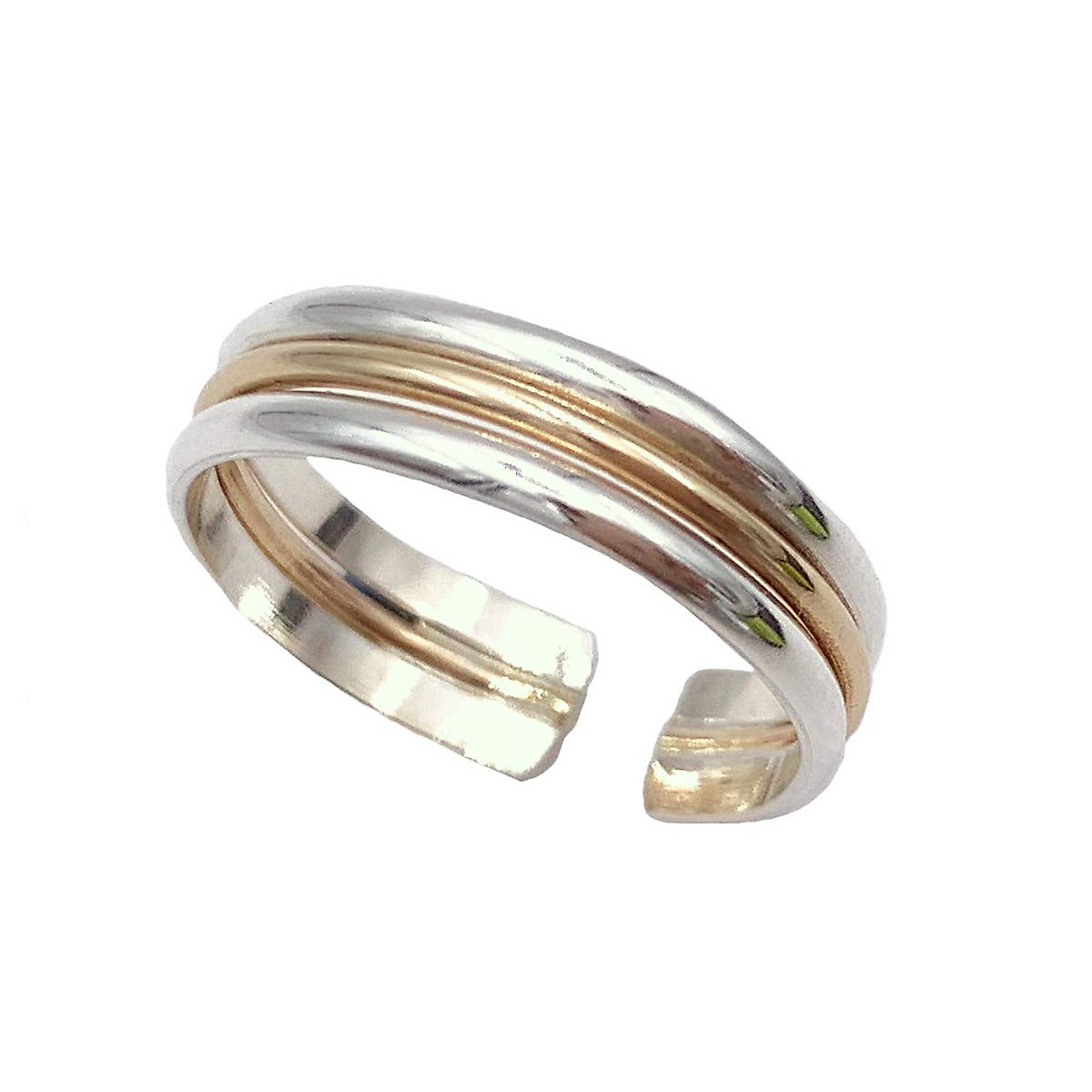 Triple Stack Mixed Metal Toe Ring | Sterling Silver and 14K Gold Fill Adjustable for Men and Women | Three Bonded Bands | Unisex One Size Fits Most