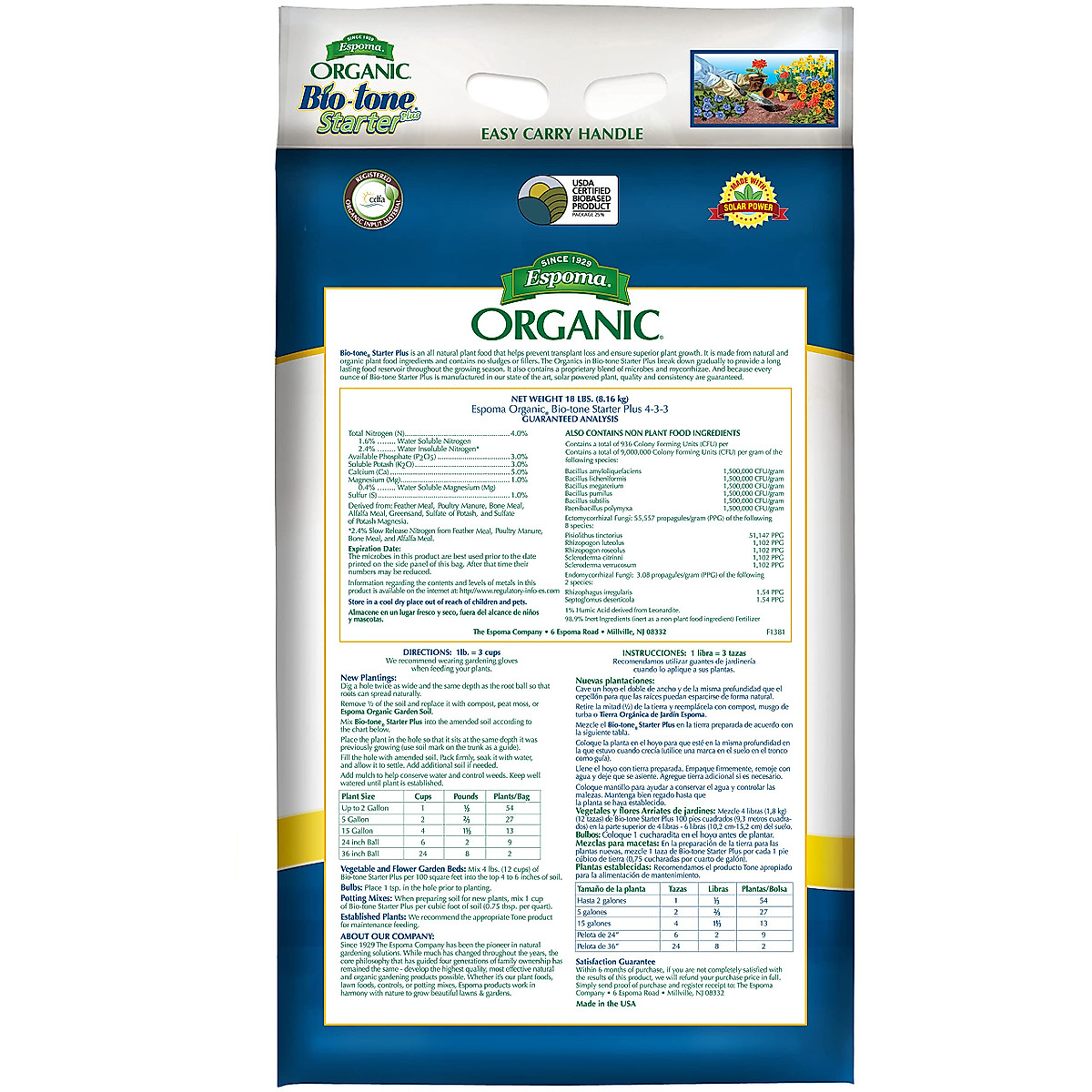 Espoma Organic Bio-Tone Starter Plus 4-3-3 Natural & Organic Starter Plant Food with Both Endo & Ecto Mycorrhizae; 18 lb. Bag; The Ultimate Starter Plant Food