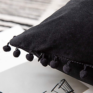 DEZENE Decorative Pillow Covers 12x20 Black: 2 Pack Cozy Soft Pom-poms Velvet Rectangular Throw Pillow Cases for Farmhouse Home Decor