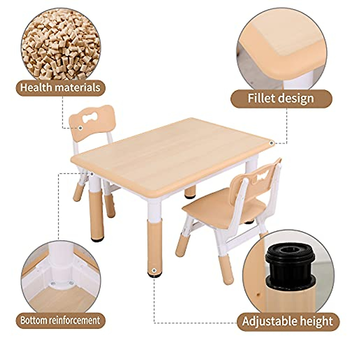 UNICOO - Kids Study Table and Chairs Set, Height Adjustable Plastic Children Art Desk with 2 Seats, Kids Multi Activity Table Set (Maple TOP with Natural Border) BY-60-MN