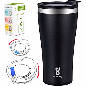 Yawbay Insulated Coffee Tumbler With Built-In Straw, 20 oz Travel Coffee Mug With 2-In-1 Lid, Spill Proof Tumbler With Straw, Stainless Steel Double Wall Vacuum Ice Coffee Thermal Cup (Black)