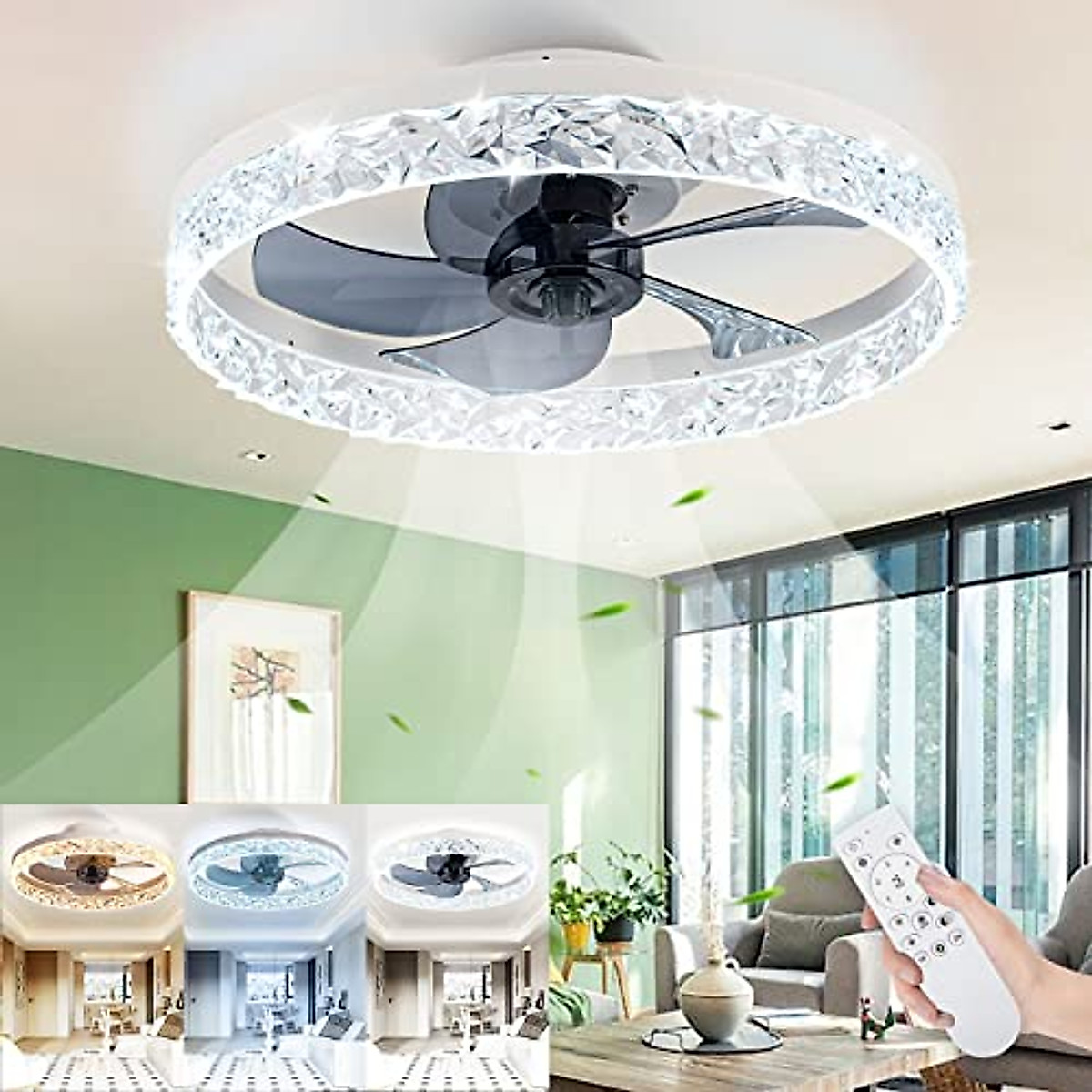 EKXIIO Ceiling Fan with Lights, Low Profile Ceiling Fan with Light and Remote, 20" Modern Small Ceiling Fan with 3 Colors Dimmable LED 5 Blades, Enclosed Flush Mount Fans for Indoor Kids Bedroom