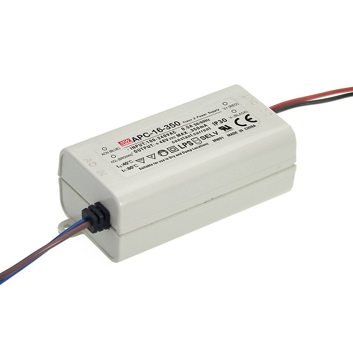MEAN WELL,Switching Power Supply LED Driver;110V-220V AC-DC Single Output 、Constant Current，Transformer，16W 12-48V 350mA (APC-16-350)