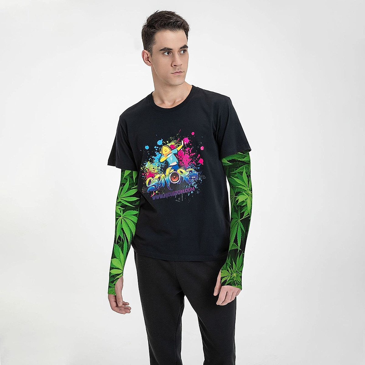 Hicyyu Cannabis Leaf Weed Marijuana Anti-Slip Sun Protection Cooling Long Arm Sleeves For Men Women Youth，Sports Compression Cooling Sleeve，Ice Silk Arm Cover Sleeve For Adults, Black, One Size