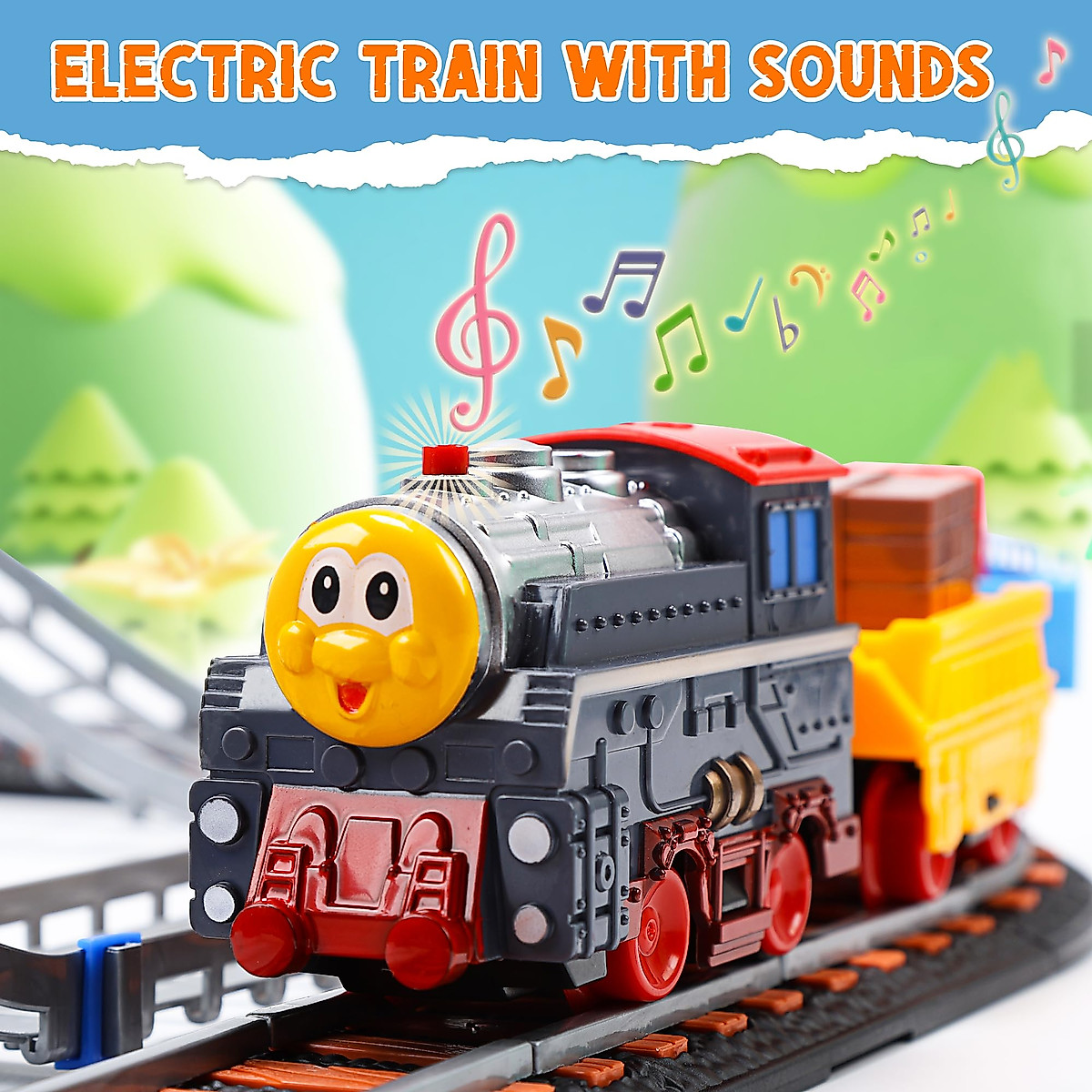 CUTE STONE Toy Train Set for Toddler, Train Track Set with Cars, Electric Train with Realistic Sound, Train Track Playset for 3 4 5 Years Old Girls & Boys