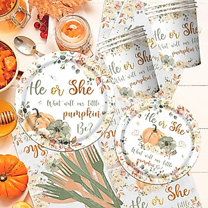 Fall Pumpkin Gender Reveal Tableware,He or She Pumpkin Floral Gender Reveal Party Decorations,What Will Our Little Pumpkin Be Disposable Tablecloth,Plates,Napkins for Autumn Baby Shower Supplies