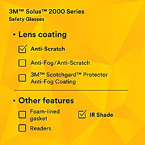 3M Safety Glasses, Solus 2000 Series, Anti-Scratch, IR Shade 3.0 Gray Lens, Black/Green Temples