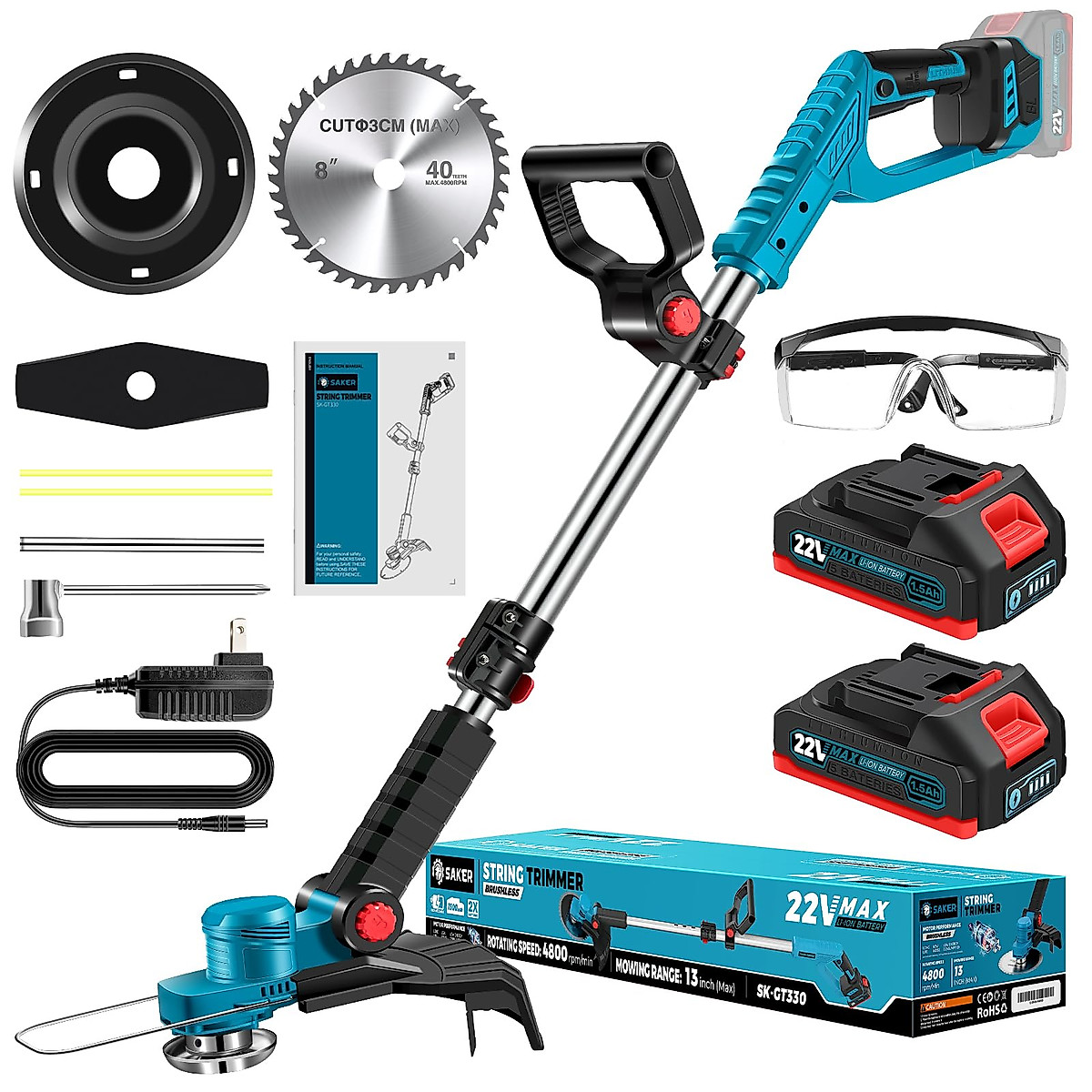 Saker String Trimmer Cordless Electric, Weed Wacker Battery Operated with 2X22V Batteries, 13 inch Weed Eater Cordless with Brushless Motor, Weed Wacker Electric for Home Garden and Yard