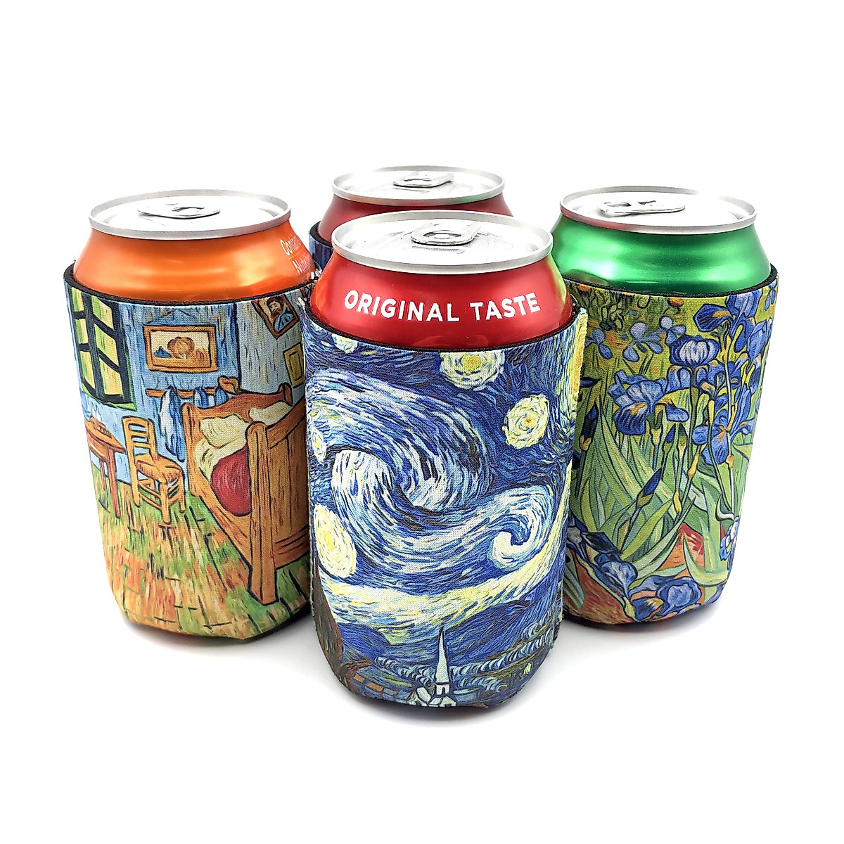 EXIT82ART - Insulated Neoprene Can Coolers, Set of 4, Van Gogh Paintings, Fits 12 oz Cans and Longnecks, Collapsible, Dishwasher Safe.