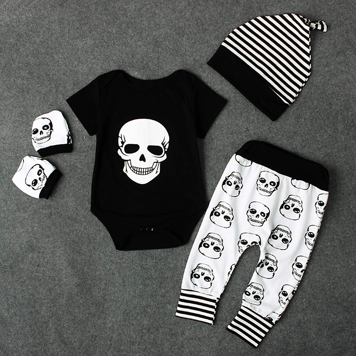 puseky 4pcs Newborn Baby Boys Girls Skull Romper+Pants+Hat+Mitten Halloween Outfit Set (0-6 Months, Black+White)