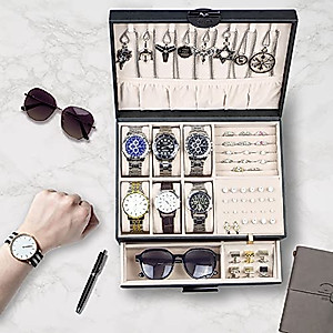 BareTulip Jewelry Organizer Mens Jewelry Box with 2 layers storage Watch Sunglass necklace Ring Bracelet Large Jewelry Box for Women Grey