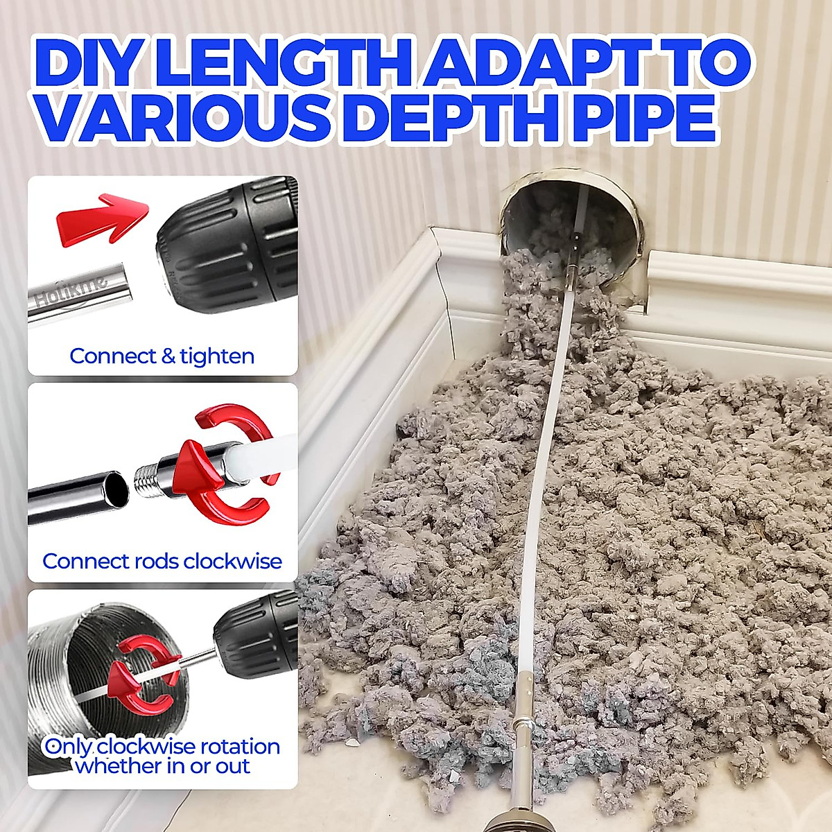 Holikme 30 Feet Dryer Vent Cleaner Kit, Flexible Lint Brush with Drill Attachment, Extends Up to 30 Feet for Easy Cleaning, Synthetic Brush Head, Use with or Without a Power Drill