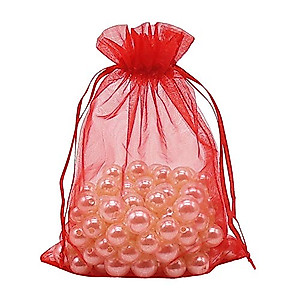 HRX Package Organza Bags Red 100pcs, 5 x 7 inches Christmas Gift Drawstring Bags Mesh Jewelry Pouches for Wedding Party Favors