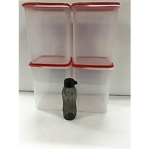 TUPPERWARE smart storer #4, 5.4 litres, set of 4, red colour + 310ml black bottle 1pc FREE, total set mrp:3150 special price:2199