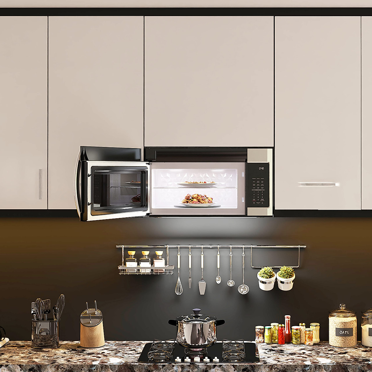 KoolMore KM-MOT-2SS Range Microwave Oven Lamp and 300CFM Recirculation Vent Hood, Auto Cook Menus, Reheat Function, 11 Power Levels, Timer, and Weight Defrost, 30 in/1.9 Cu. Ft, Silver