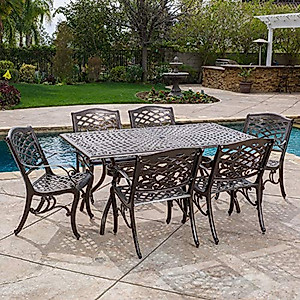 Christopher Knight Home Hallandale Outdoor Sarasota Cast Aluminum Rectangular Dining Set, 7-Pcs Set, Hammered Bronze