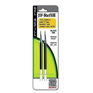 ZEBRA 87012 Jf Refill For Jimnie Gel Rt/Sarasa/Z-Grip Gel Roller Ball, Med, Blk, 2/Pack